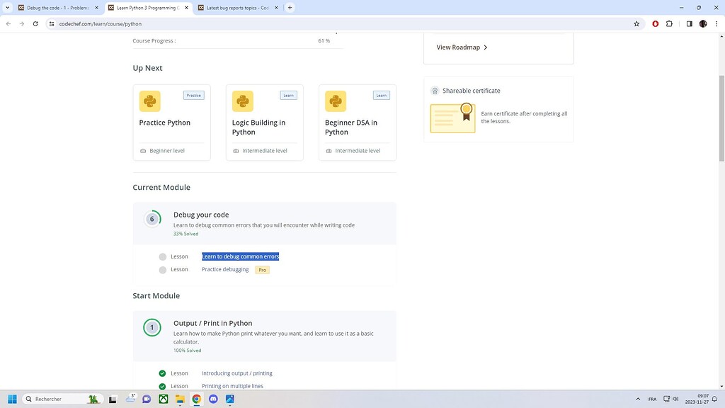 I finished a lesson but it doesn't upgrade its status - bug reports - CodeChef Discuss