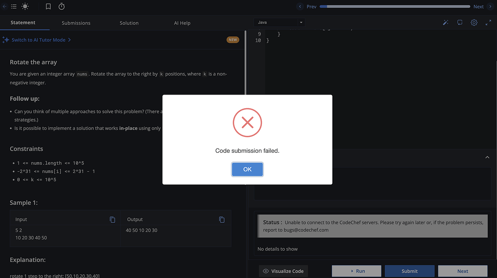 Unable to connect to CodeChef server error, on running and submission - bug reports - CodeChef ...