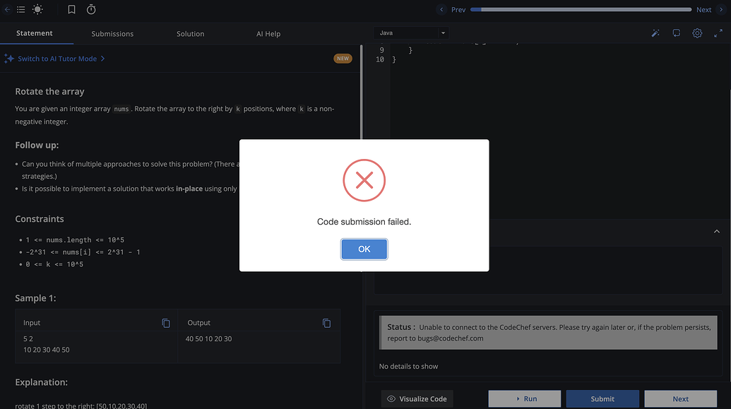 Unable to connect to CodeChef server error, on running and submission - bug reports - CodeChef ...