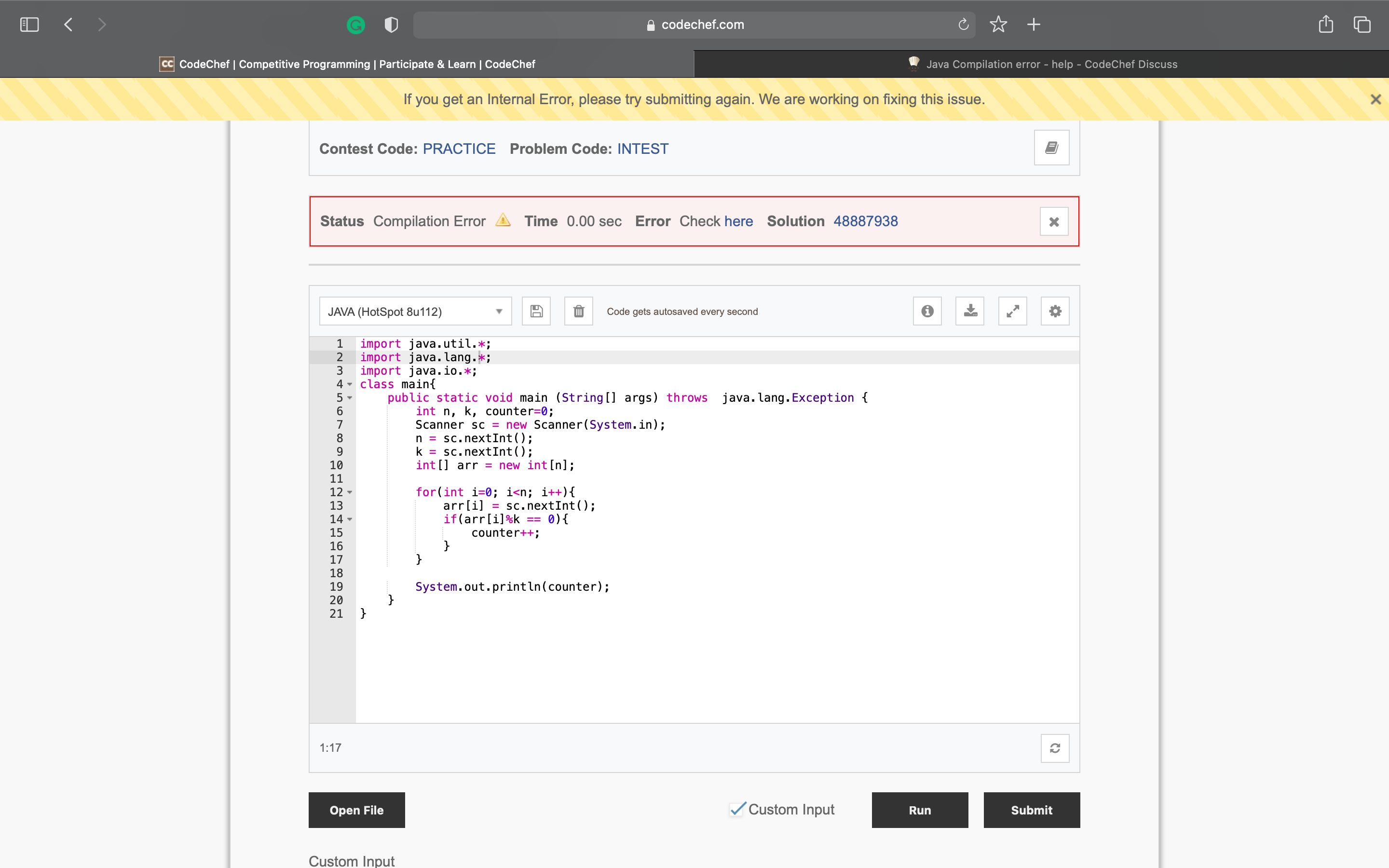 Java Compilation error - help - CodeChef Discuss