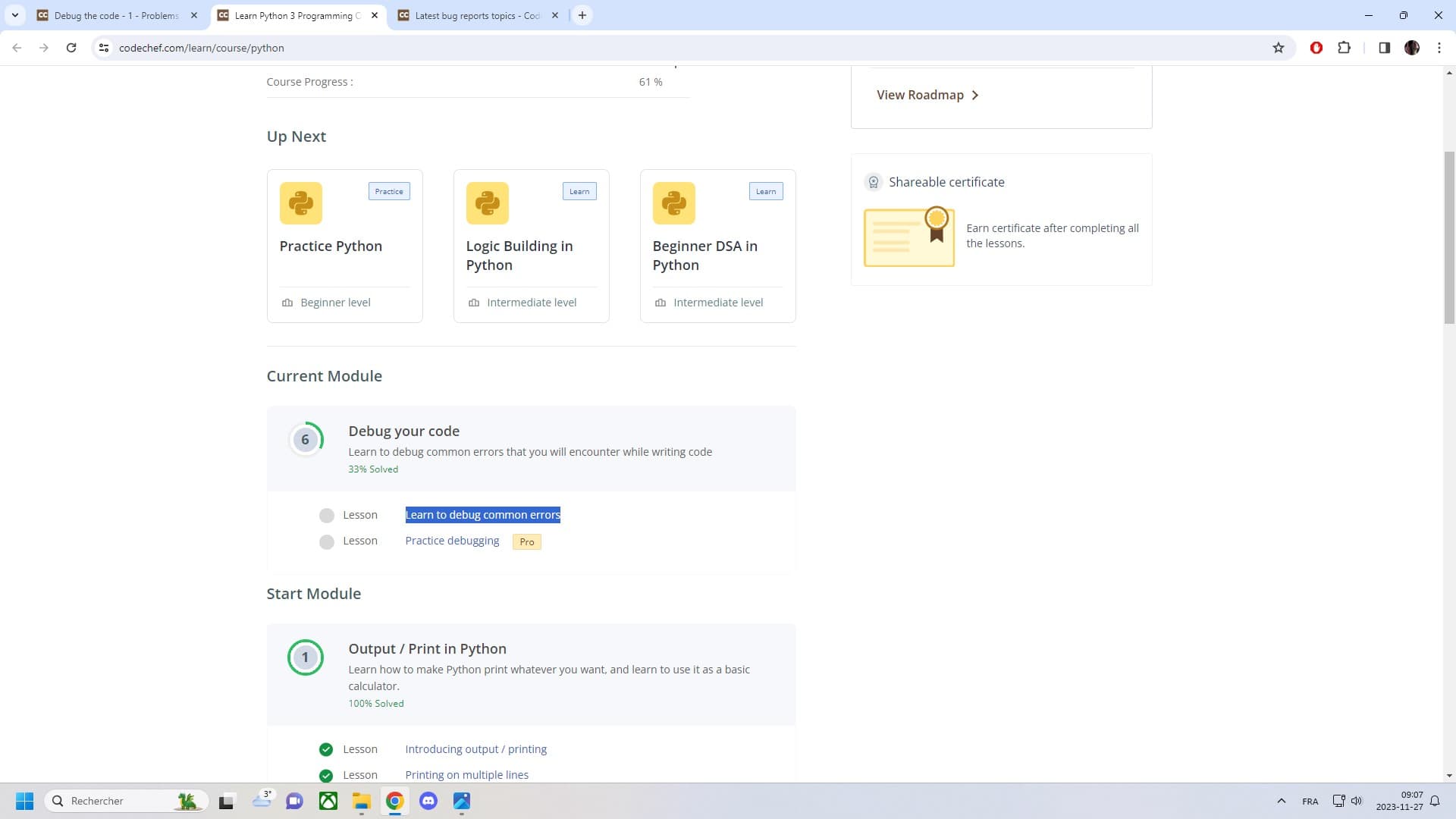 I finished a lesson but it doesn't upgrade its status - bug reports - CodeChef Discuss