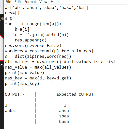 Print The Maximum Occurence Of The Amagrams And The Amagram Words Itself Among The Input