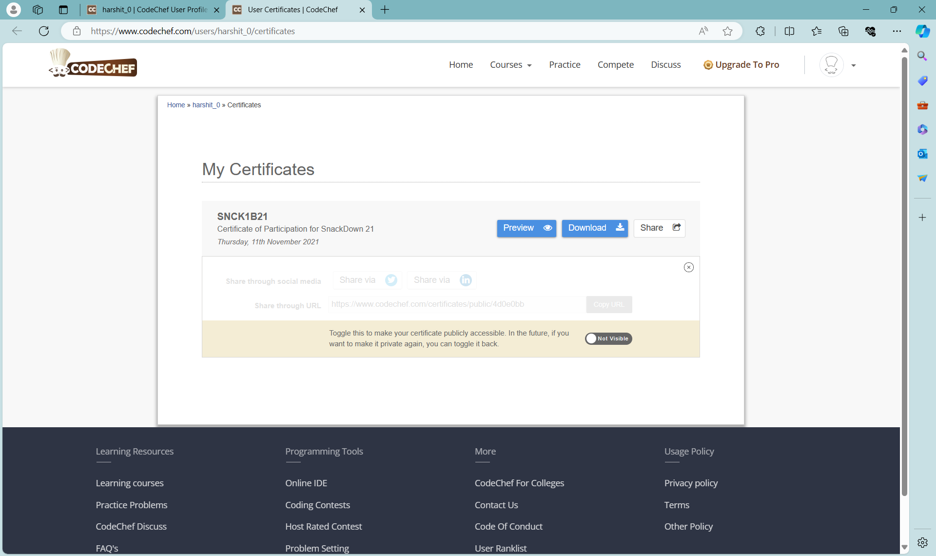 Bug: Public Certificate doesn't appear on user Profile - bug reports - CodeChef Discuss