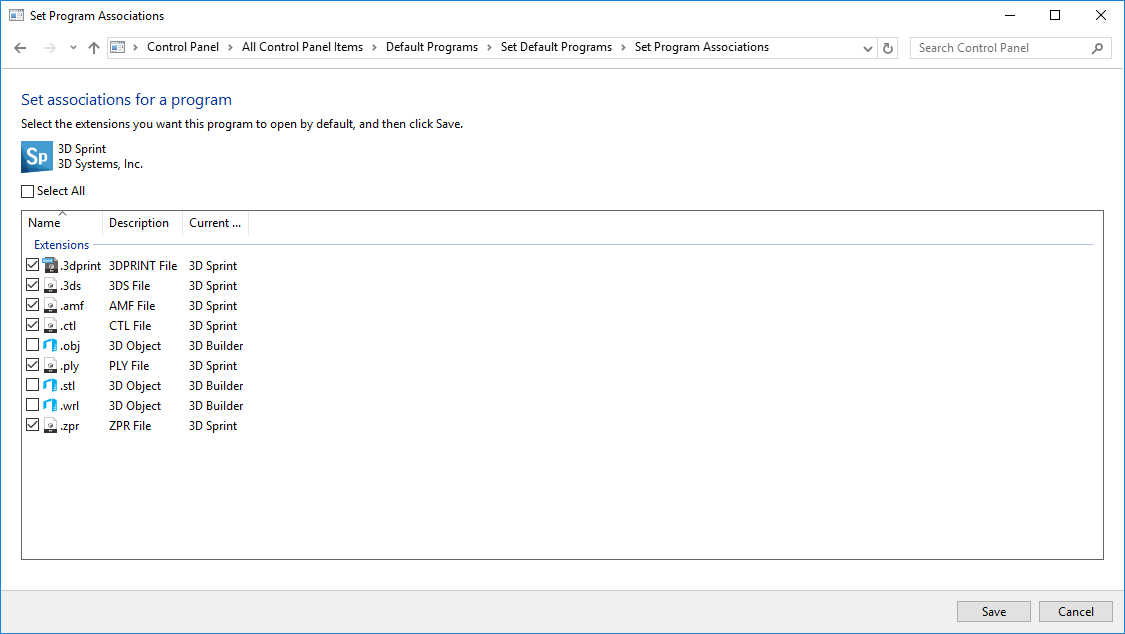 How can I make it so certain file types always open in 3D Sprint