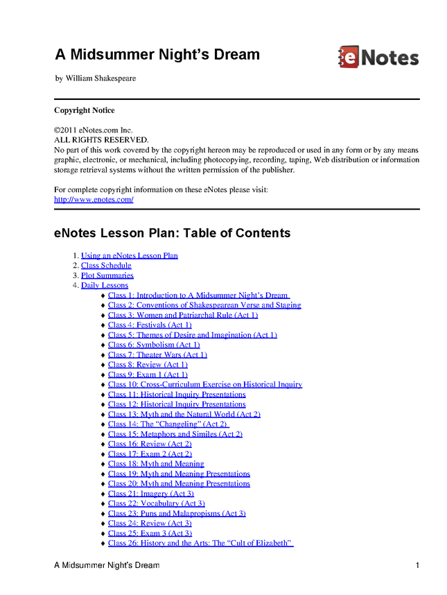A Midsummer Night's Dream eNotes Curriculum Plan - Our... - Activities