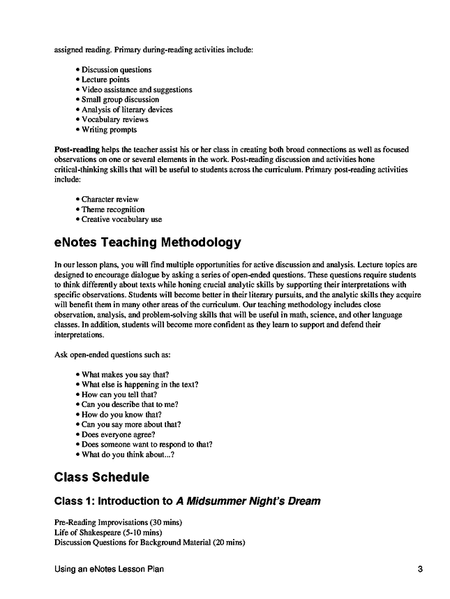 A Midsummer Night's Dream eNotes Curriculum Plan - Our... - Activities