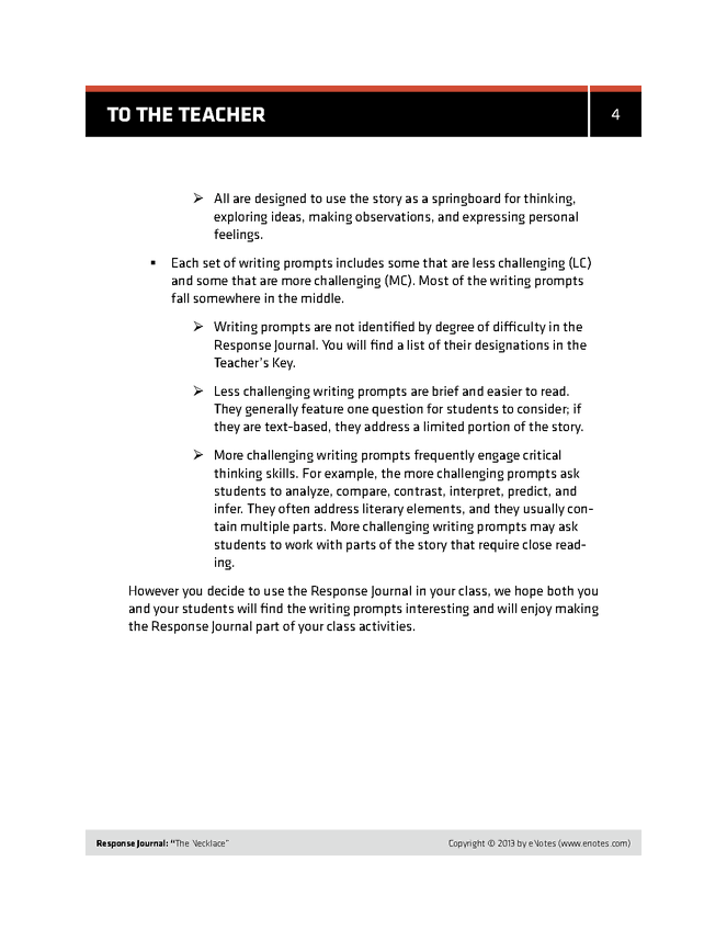 The Necklace eNotes Response Journal - An eNotes... - Literature Activities