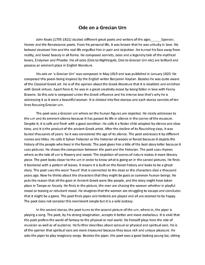 Ode on A Grecian Urn - His ode on ‘a Grecian Urn’ was... - Activities