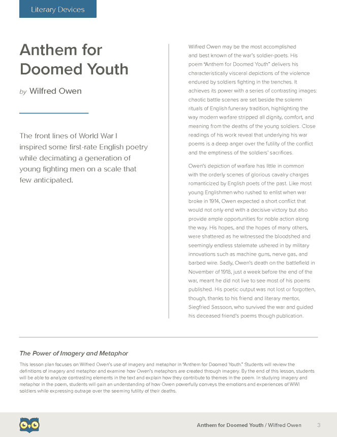 Anthem For Doomed Youth Literary Devices Lesson Plan Language
