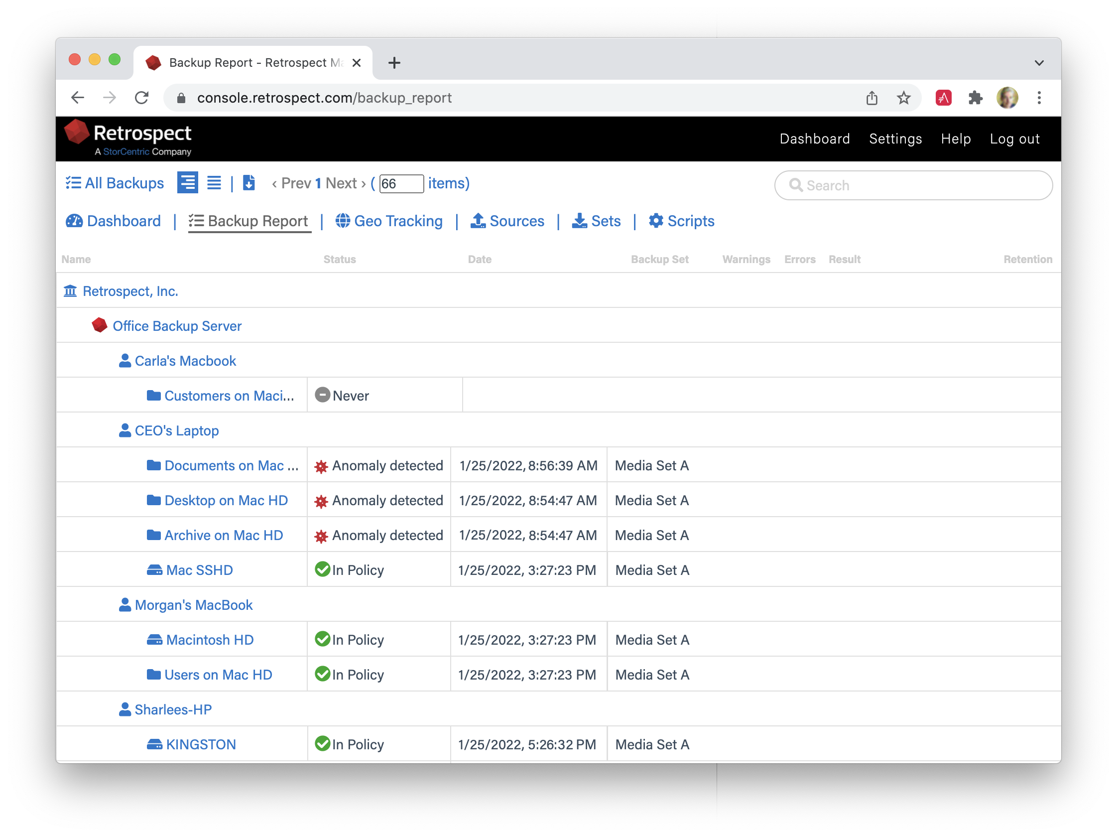 Retrospect: Guía del usuario para Windows > Detección de anomalías