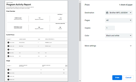 Print or Export Program Activity Reports