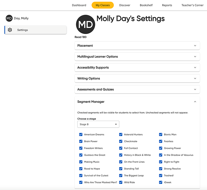 Manage Read 180 Segments for Classes and Students