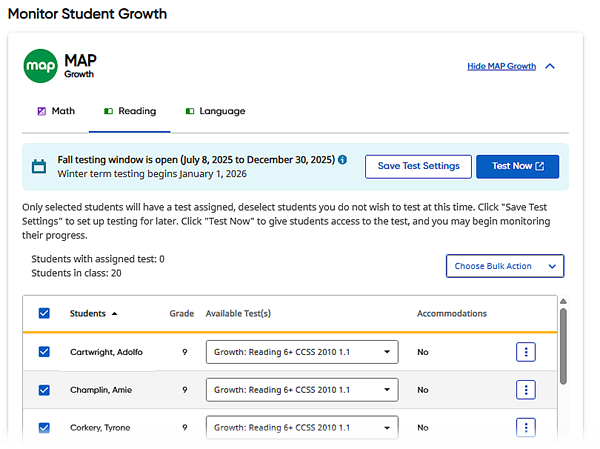 The MAP Growth Widget in MAP Growth on Ed as a Teacher