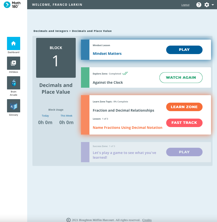Home Screen in Math 180 (HMH Ed Student)