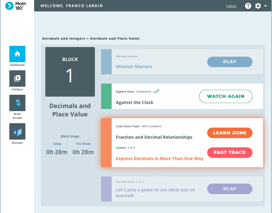 Learn Zone in Math 180 (HMH Ed Student)