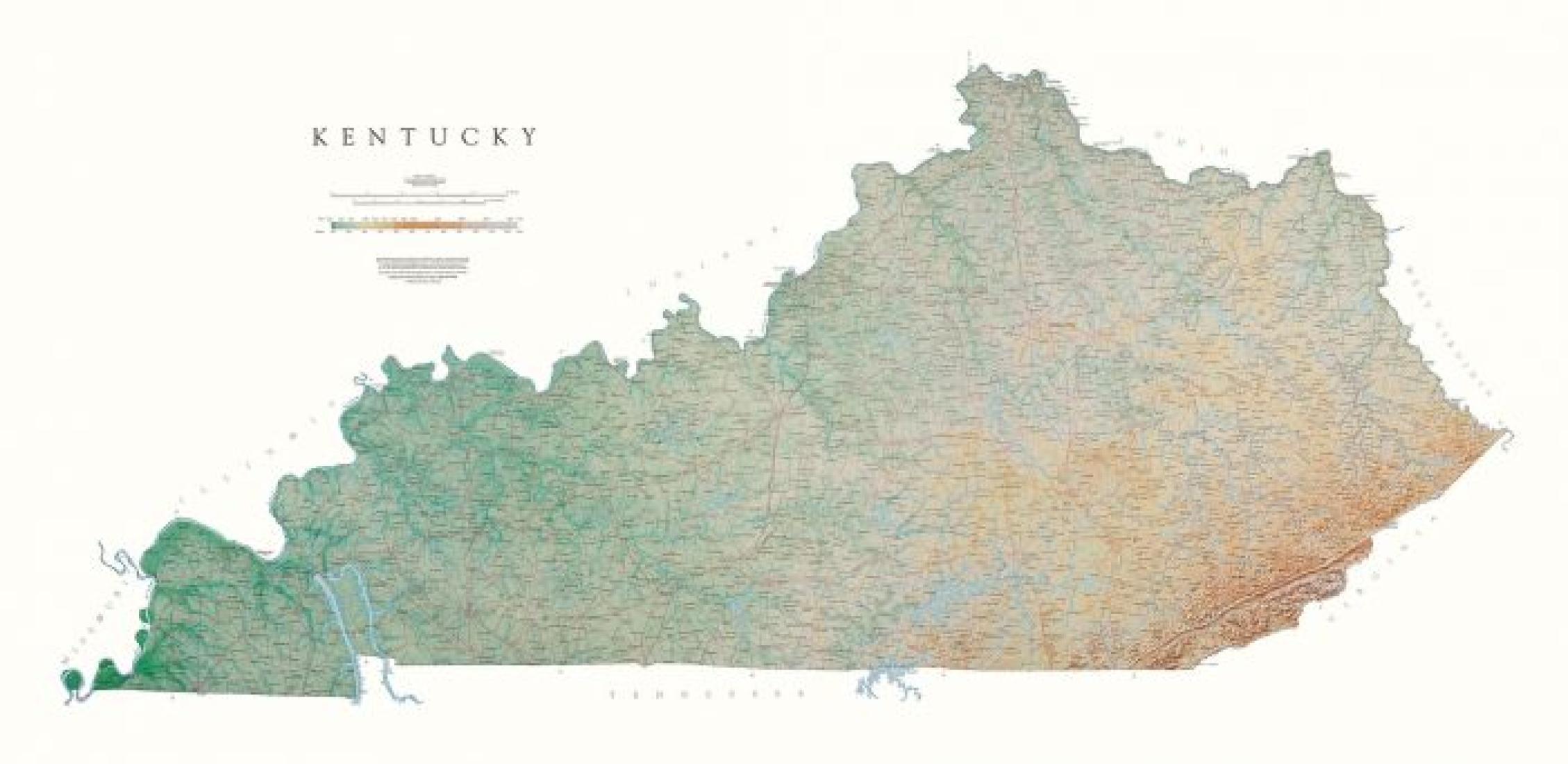 Kentucky, Physical, Laminated Wall Map by Raven Maps