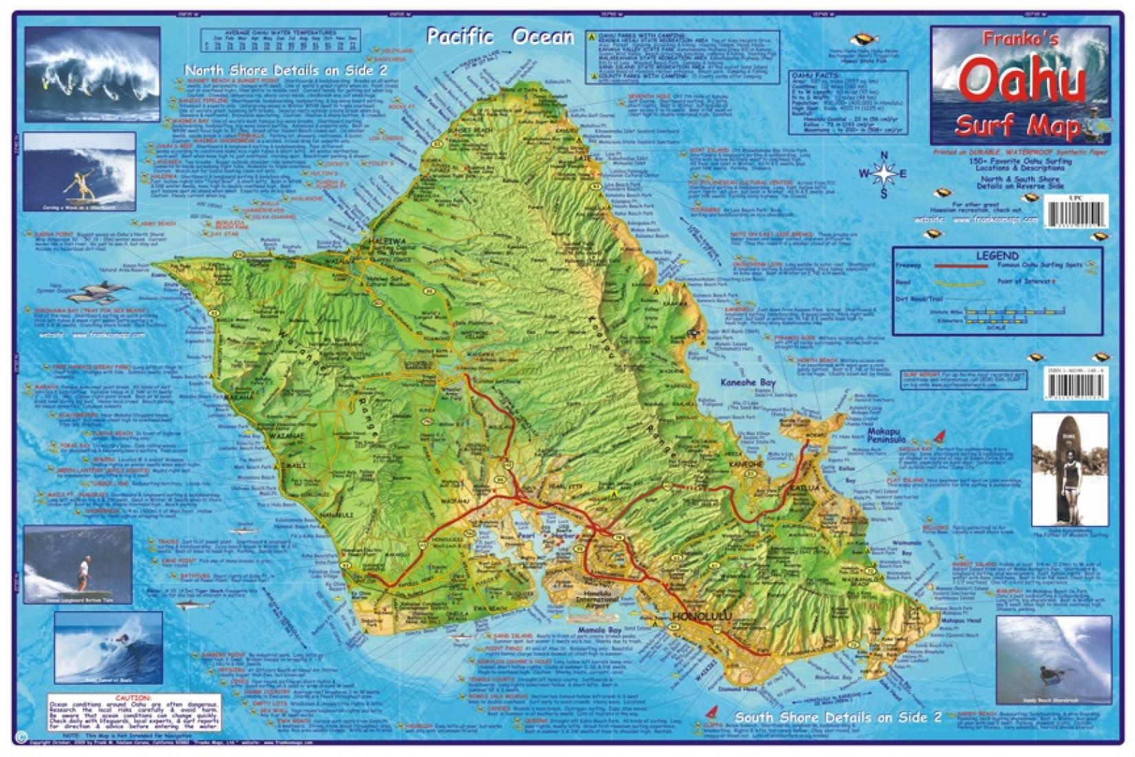 Oahu, Hawaii, 2009 Surf Map, Laminated by Frankos Maps Ltd.