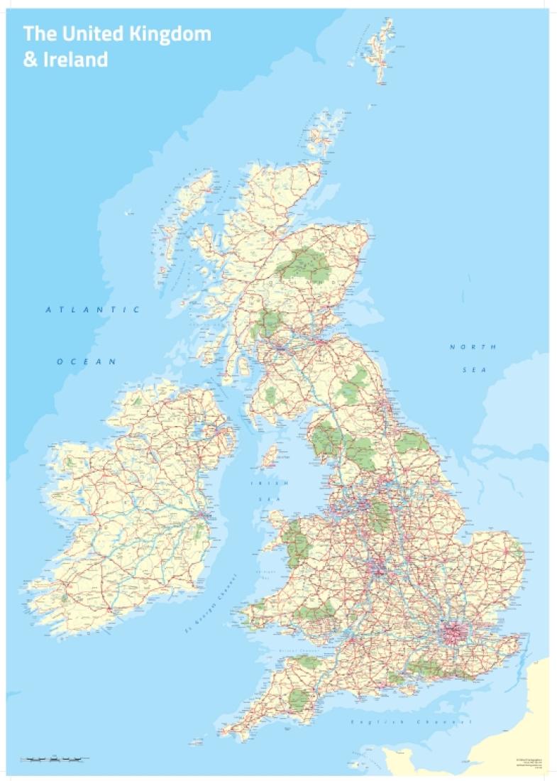 UK and Ireland Wall map with Flat Tint Land Color by Oxford Cartographers