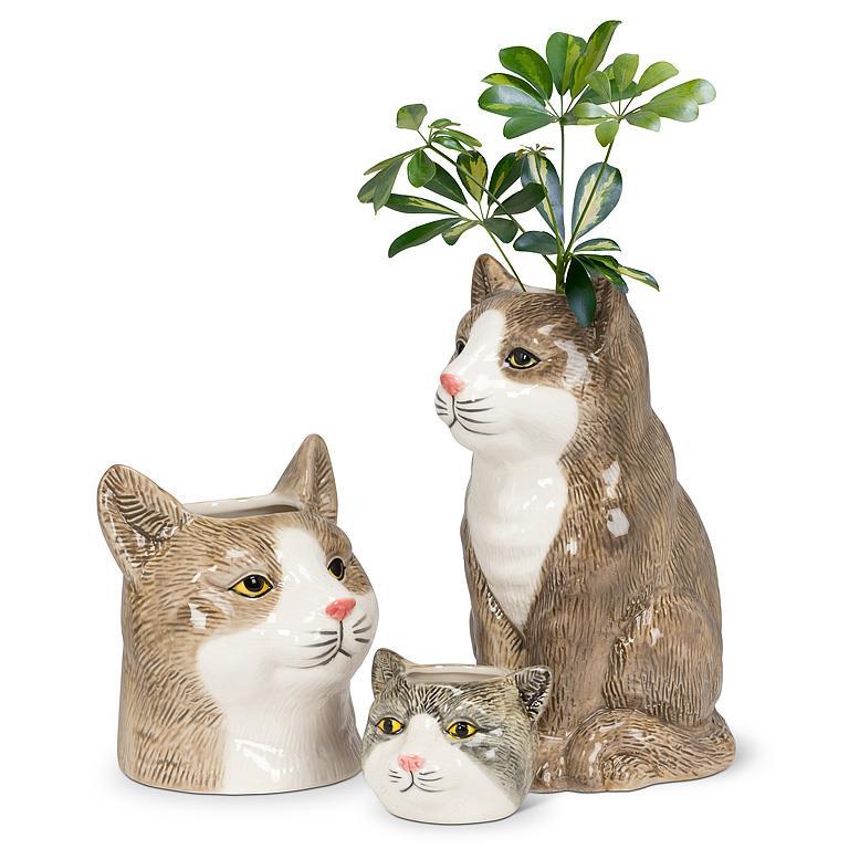 Sm Tabby Cat Planter-Gry/Brn-2.5"H