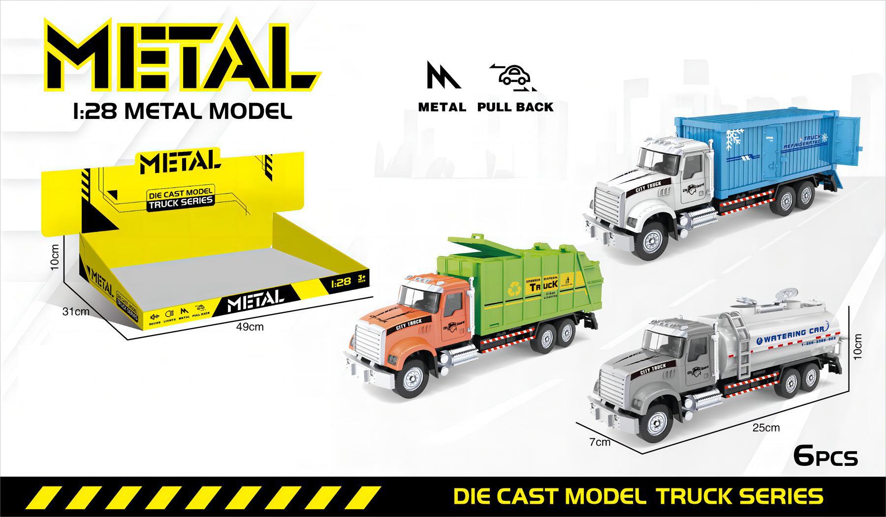 1:28 Diecast Pull back Truck, 3 Asst., 6pcs/dsp