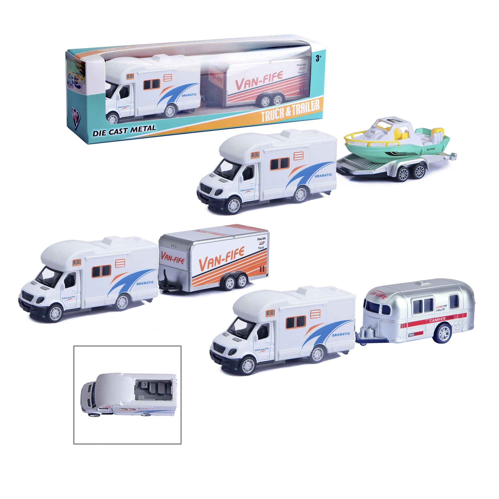 1:38 Diecast Pullback RV w/trailer, 3 Asst., wbx