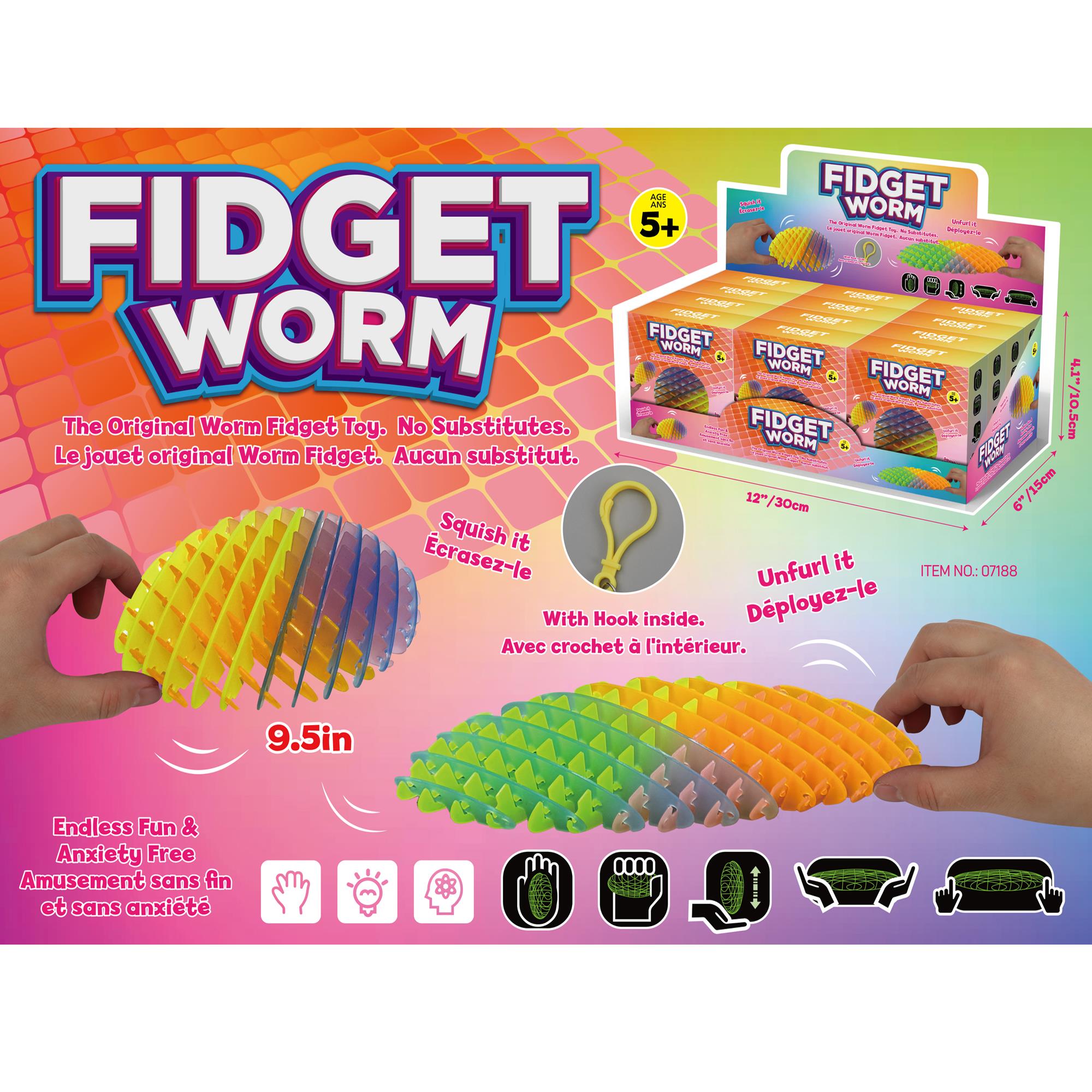 Fidget Worm, Rainbow Colour w/clip, 12pcs/dsp