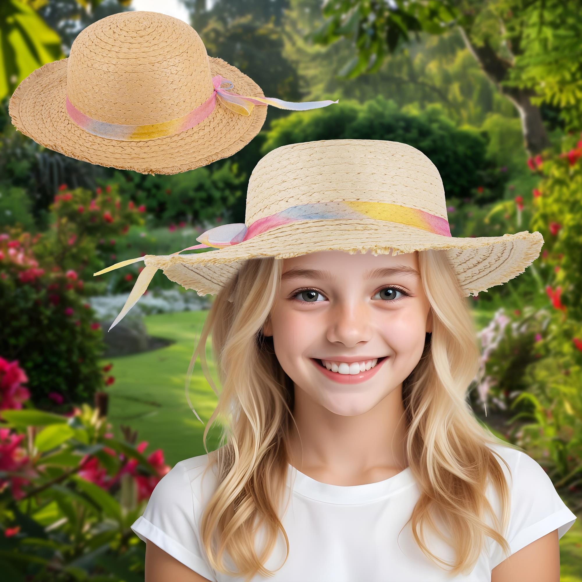 Youth Wide Brim Round Top Straw Hat w/Ribbon, 2 cols, cht