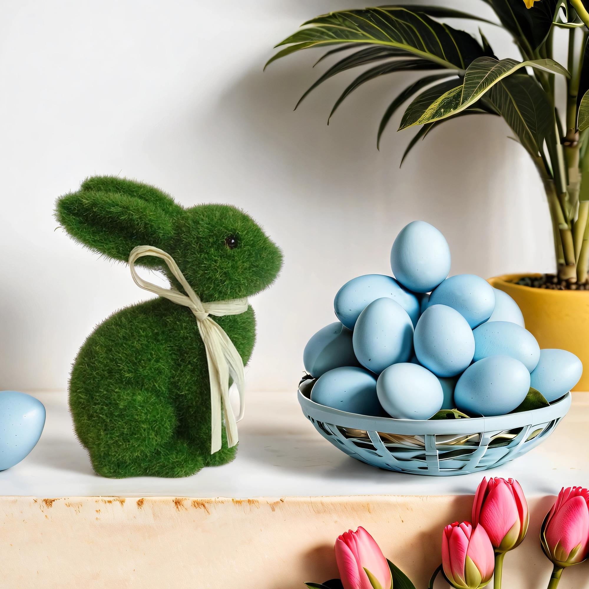 Easter 6" Flocked Sitting Bunny Decor with Raffia Tie