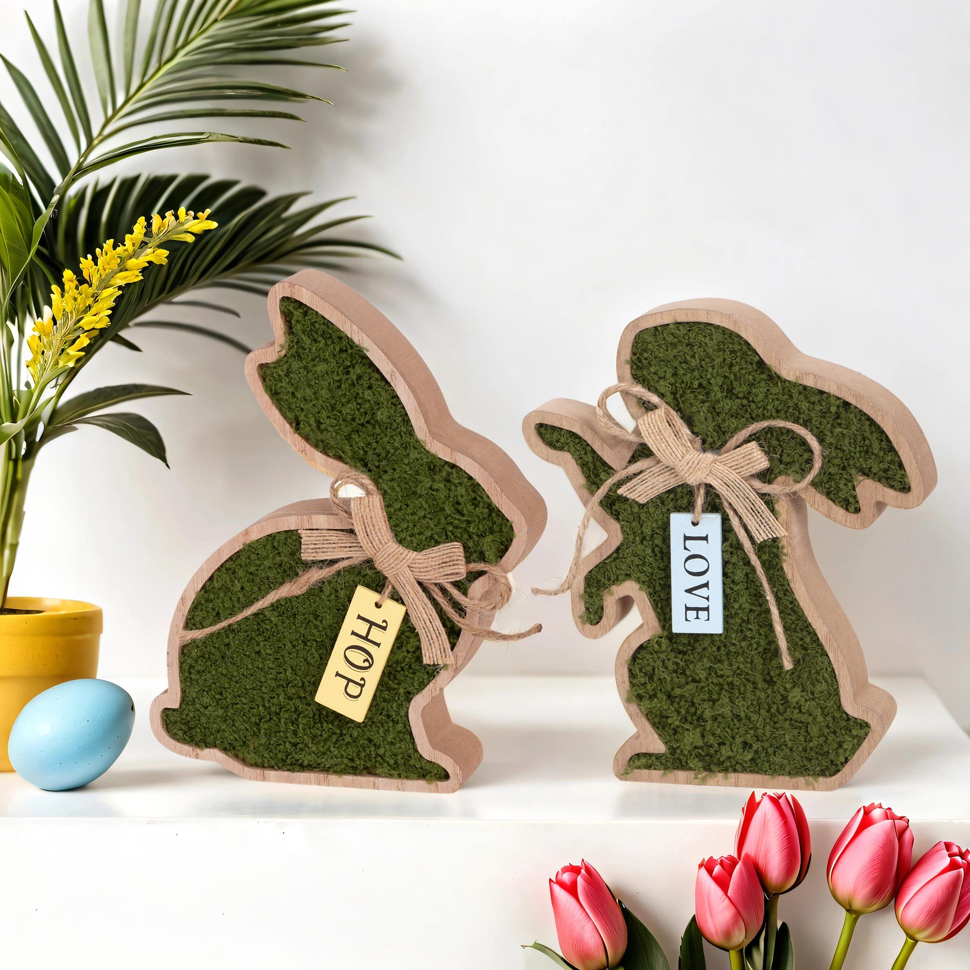 Easter 7" MDF Rabbit w/Moss- Covered Tabletop Decor,2asst.,upc