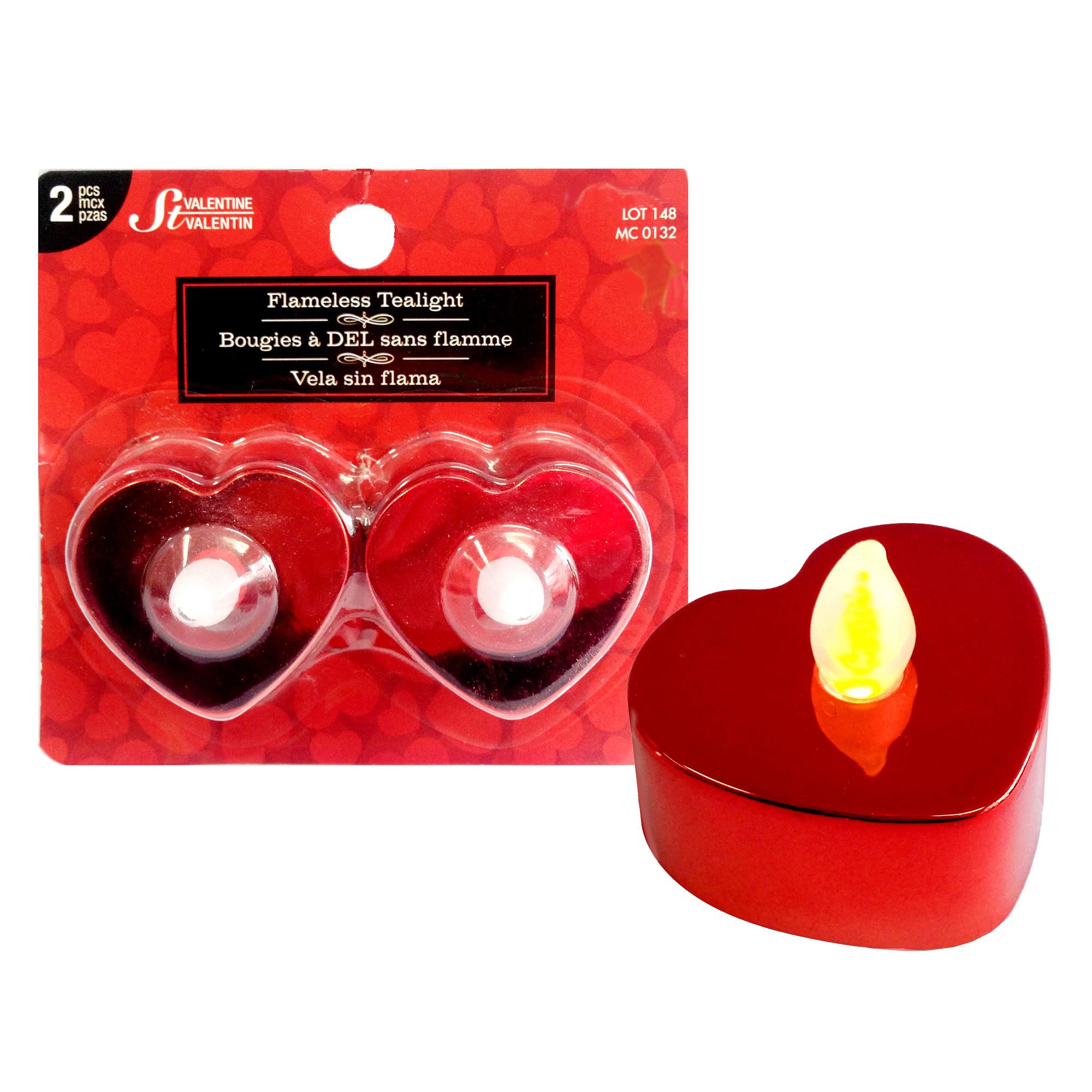 V'tines 2pk LED Metallic Red Heart Tealight Candles, b/c
