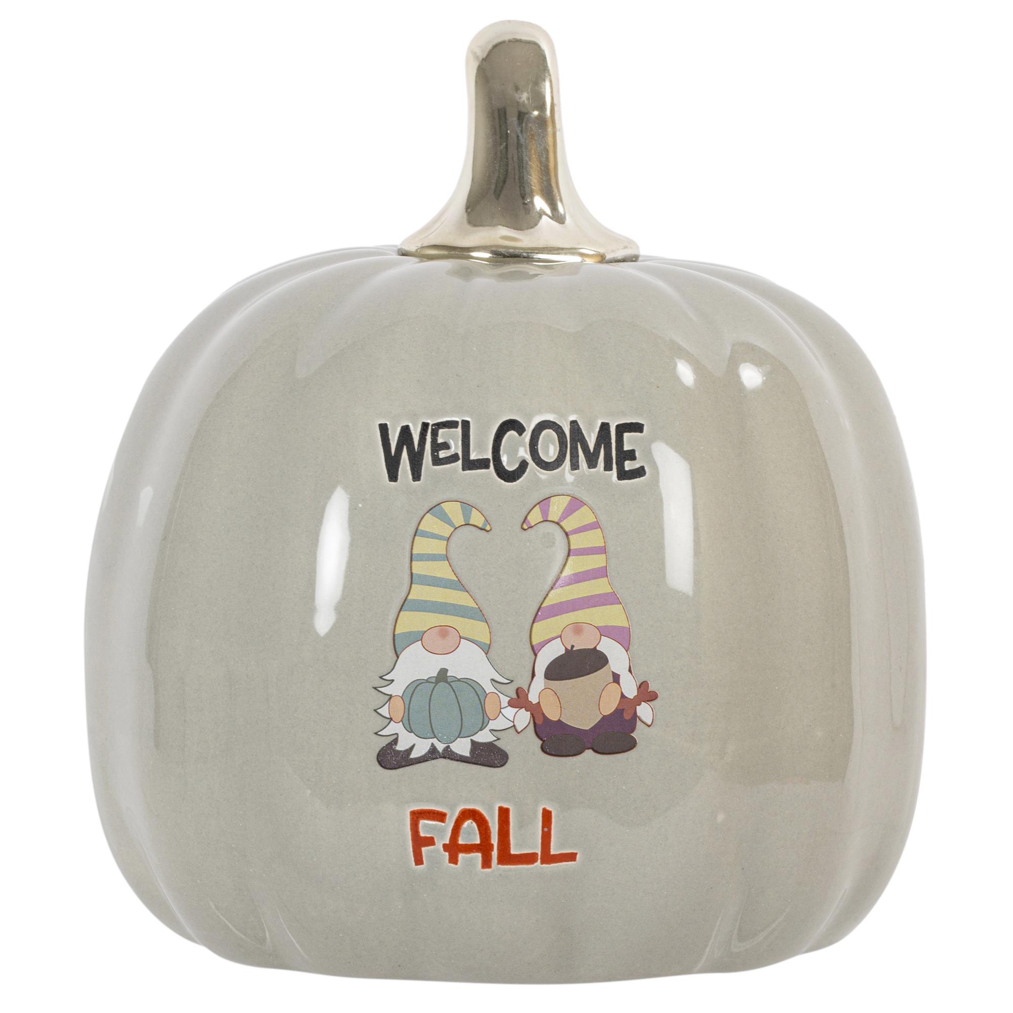 Harvest 6.5"H Ceramic White Pumpkin w/Gnomes,"WELCOME FALL",upc