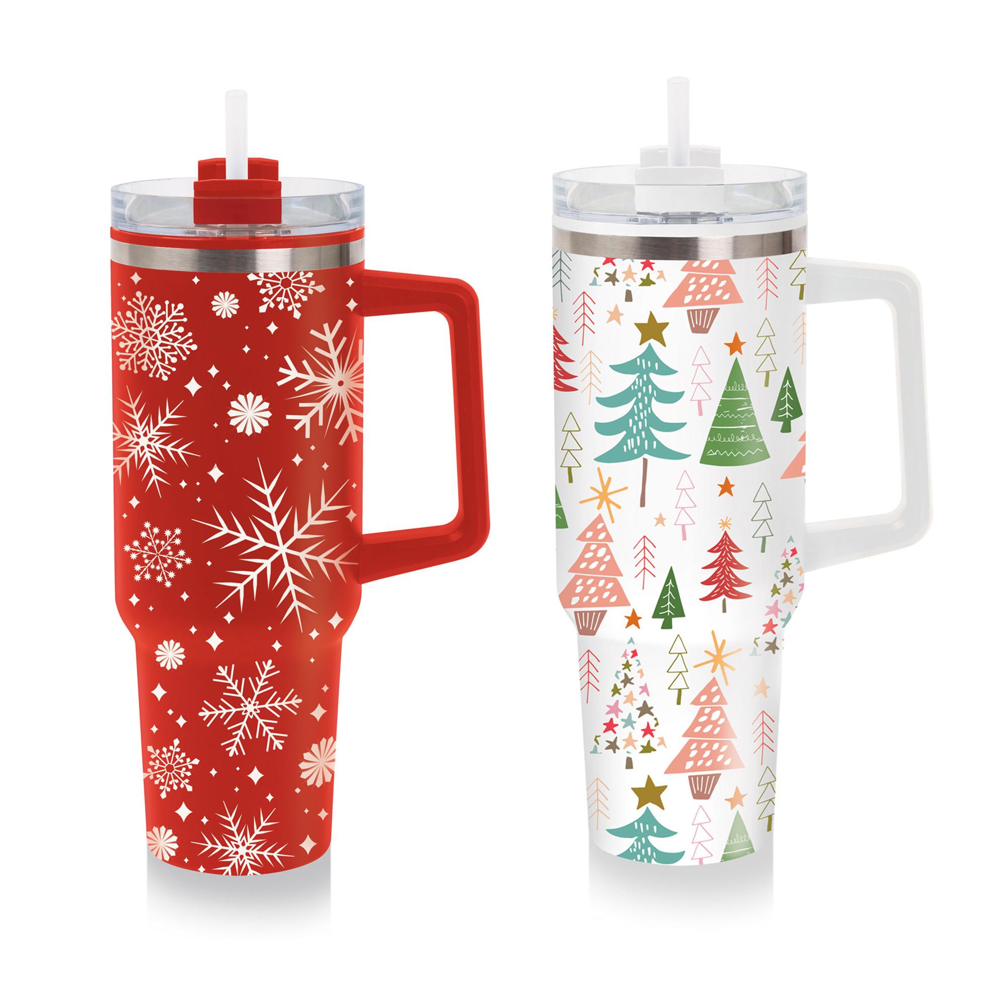 X'mas, 40oz Double Wall SS Tumbler w/ Plastic Liner & Straw, 2/s, tag