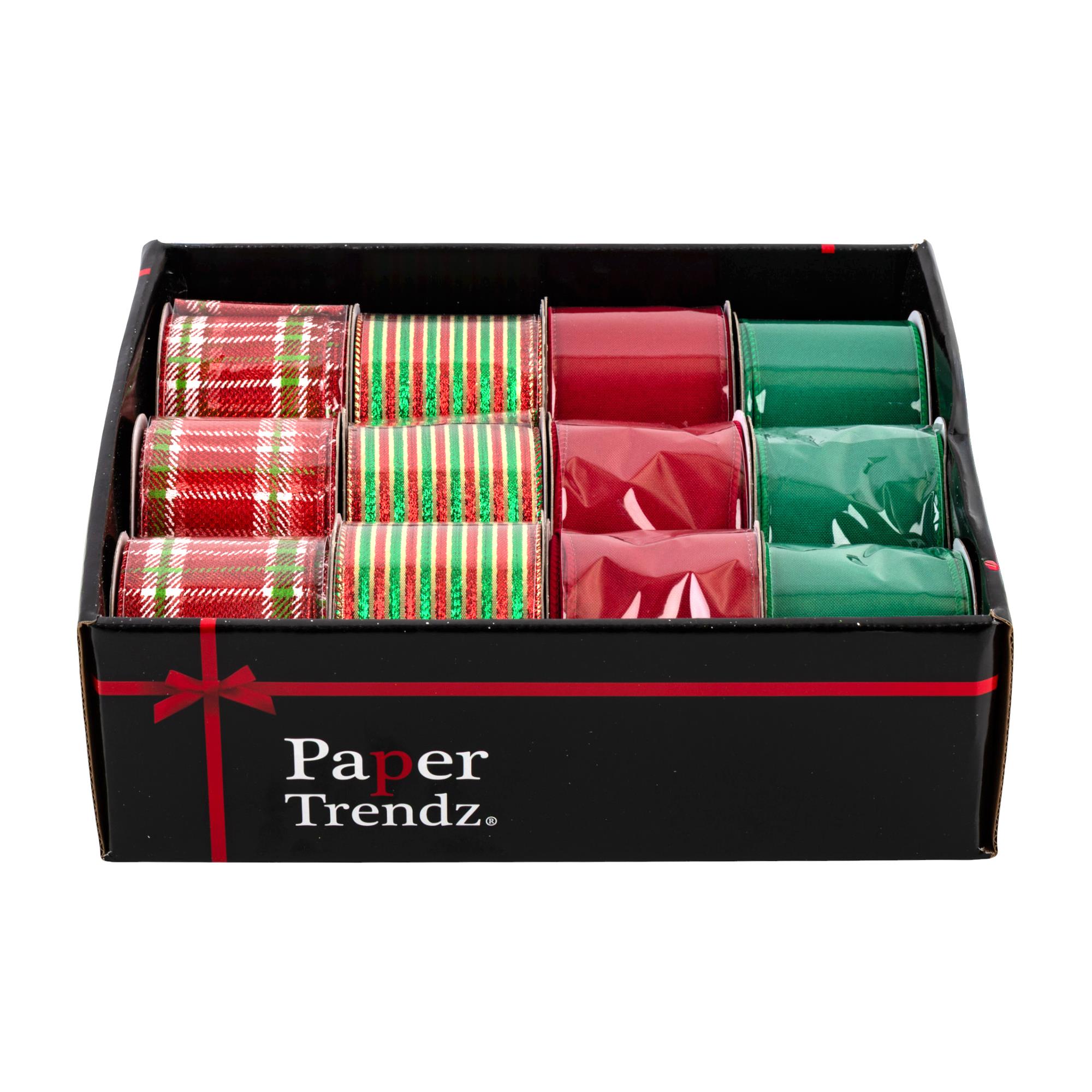Paper T. Wired Ribbon, 2.5"x3Yards, Traditional Xmas, 4/S, 12/PDQ