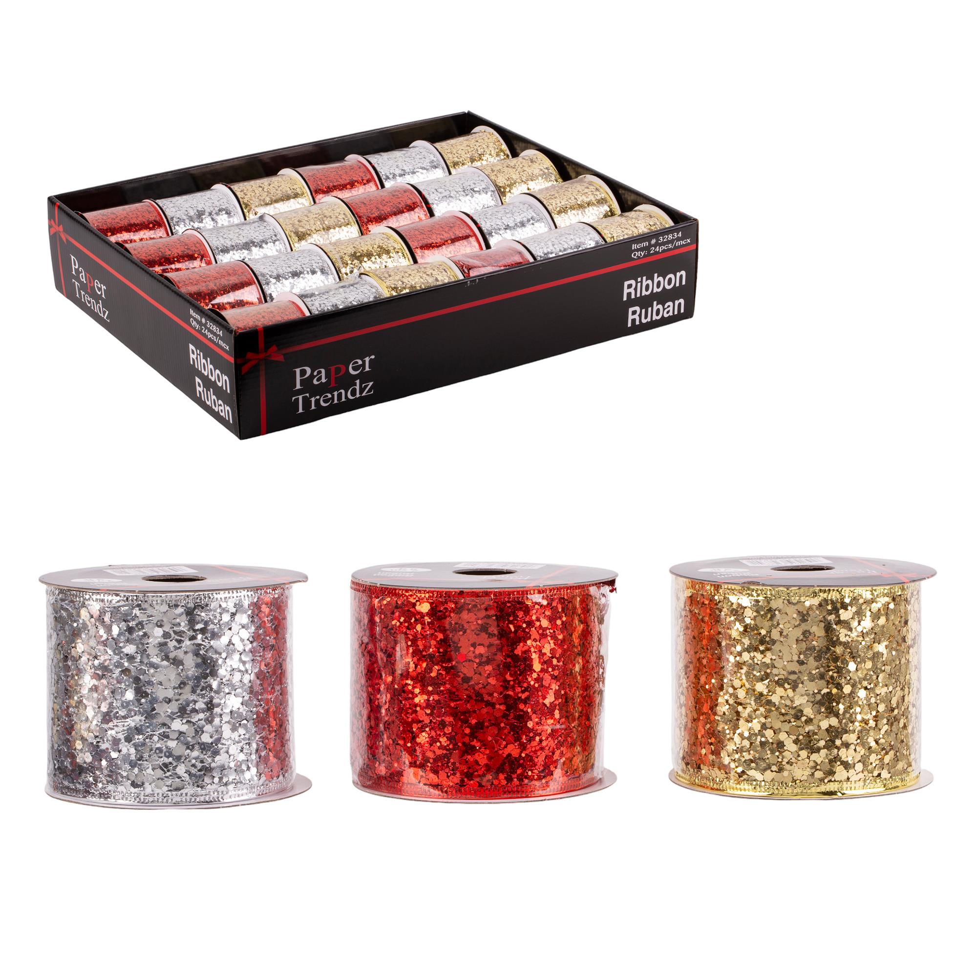 Paper T. Wired Ribbon, 2.5"x3yds , Glitter Xmas, 3/S, 24/PDQ
