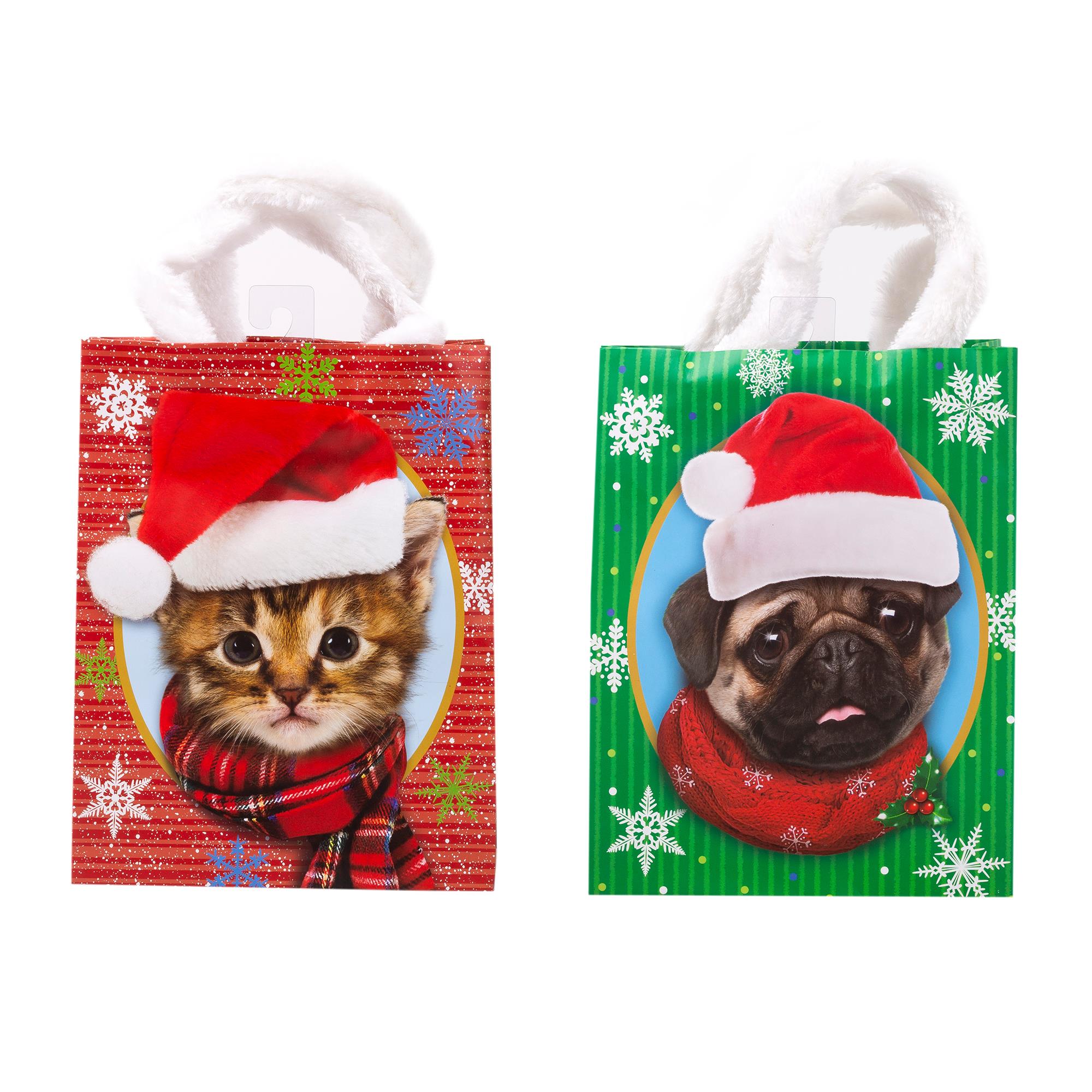 Paper T. Xmas Gift Bag w/Pet Fuzzy Handle, Medium, Matte, 2/s, J-hook+tag