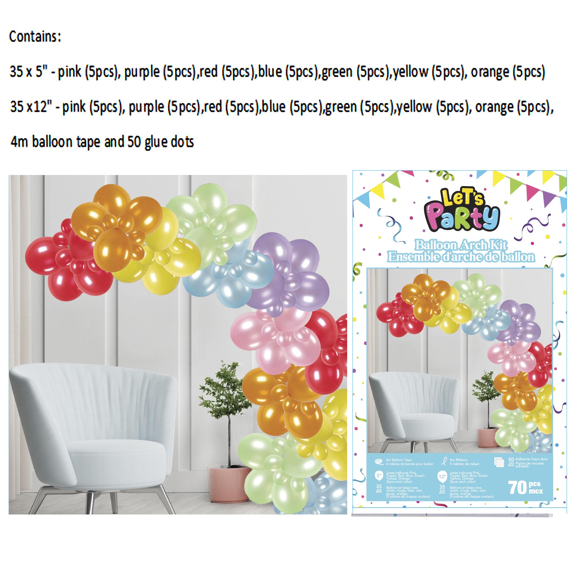 70pcs Rainbow Balloon Arch Kit, W/4m balloon tape and 50 glue dots,
