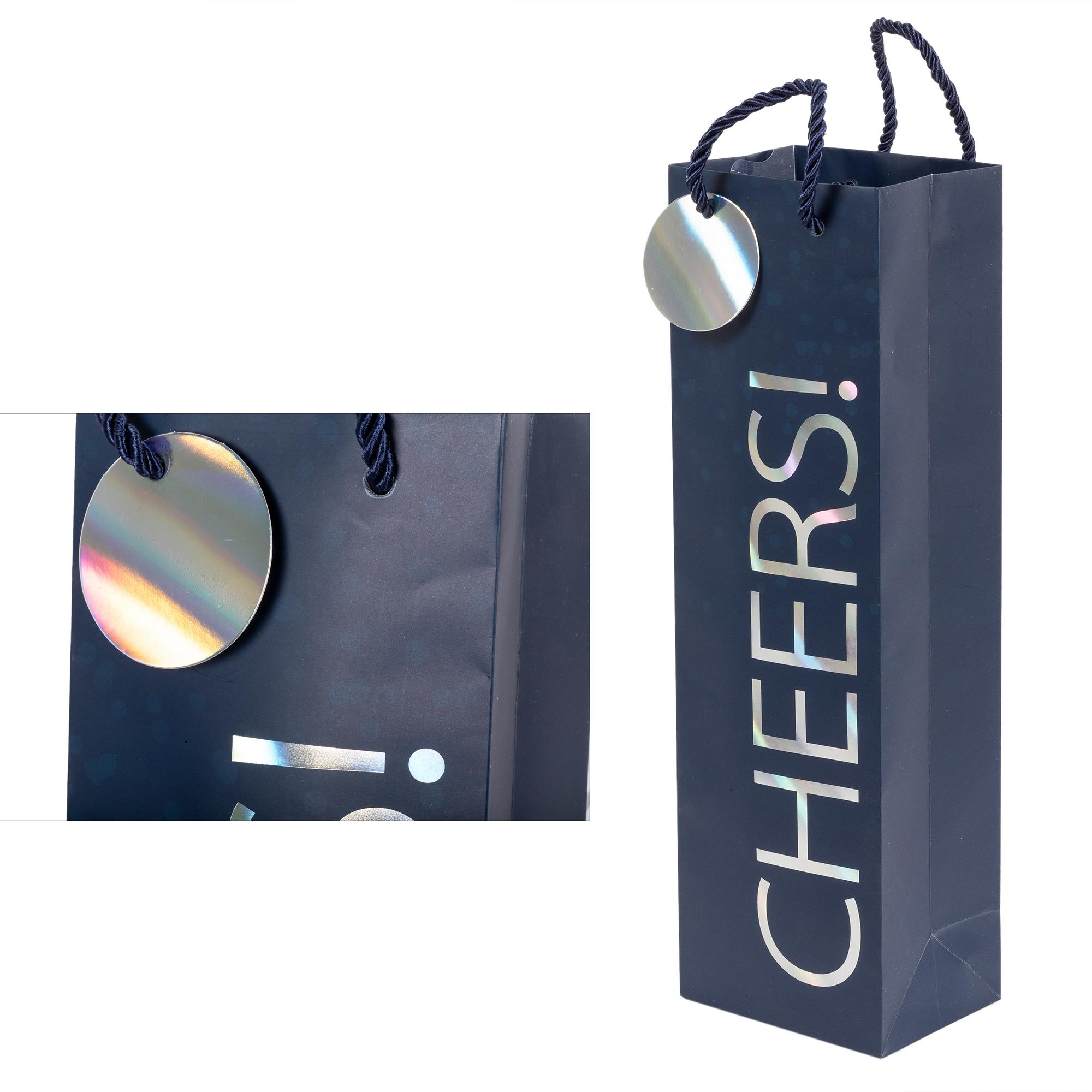 Paper T. Gift Bag, Bottle, Blk Cheers, Matte 180GSM, HS Tag +j-hook