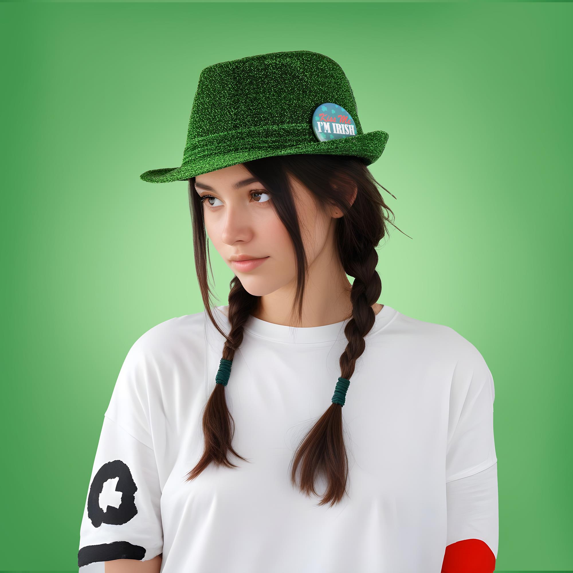 St.Pat's Green Felt Fedora Hat w/Pin, "Kiss Me I'm Irish", cht