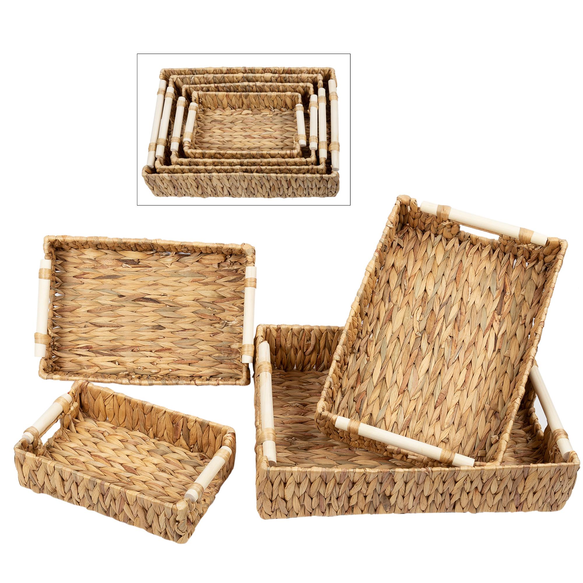 Set/4 Water Hyacinth Trays w/Wood Handle, XL, L, M, S
