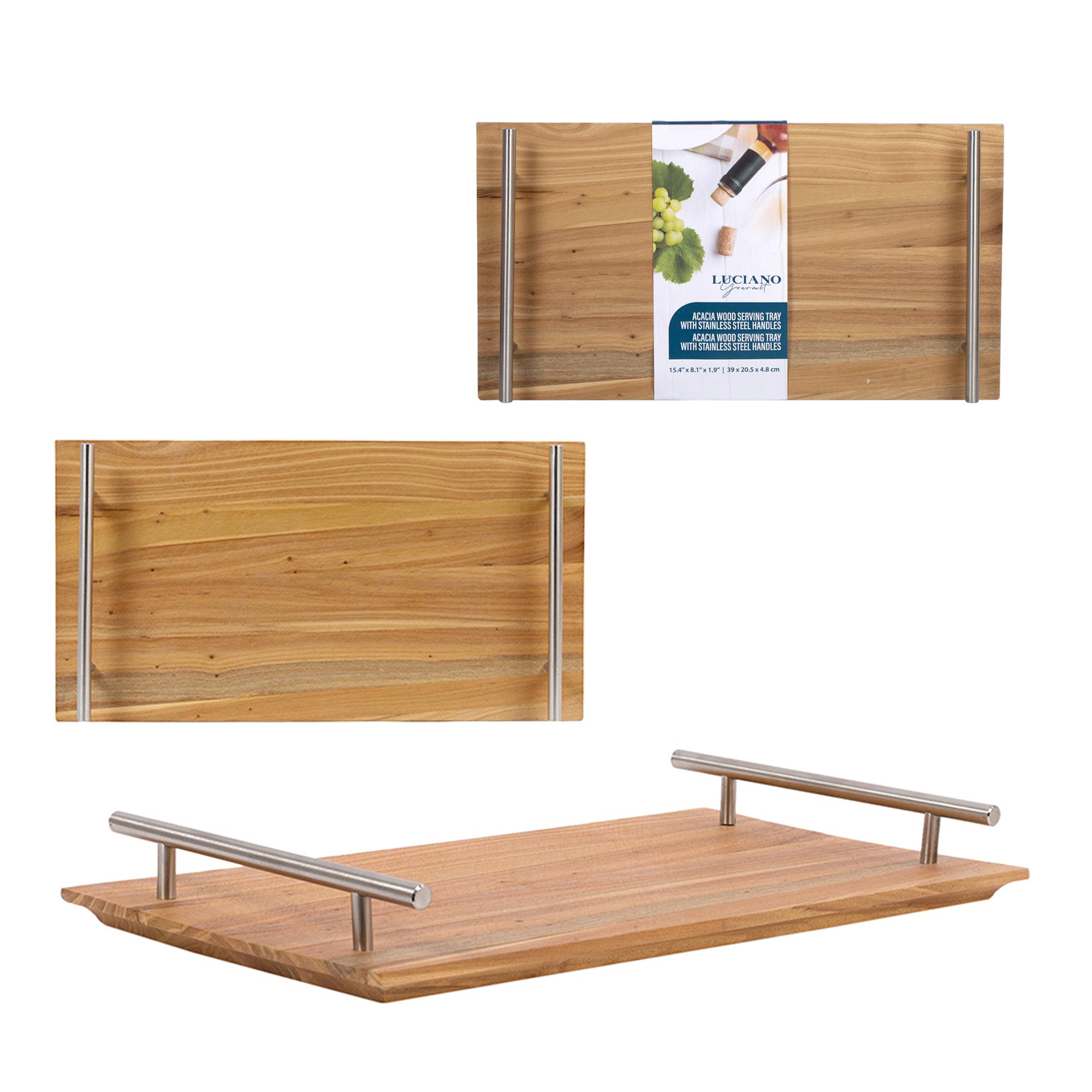 L.Gourmet Acacia Wood Serving Tray w/ Handle, 15.25x8.25", wrap card