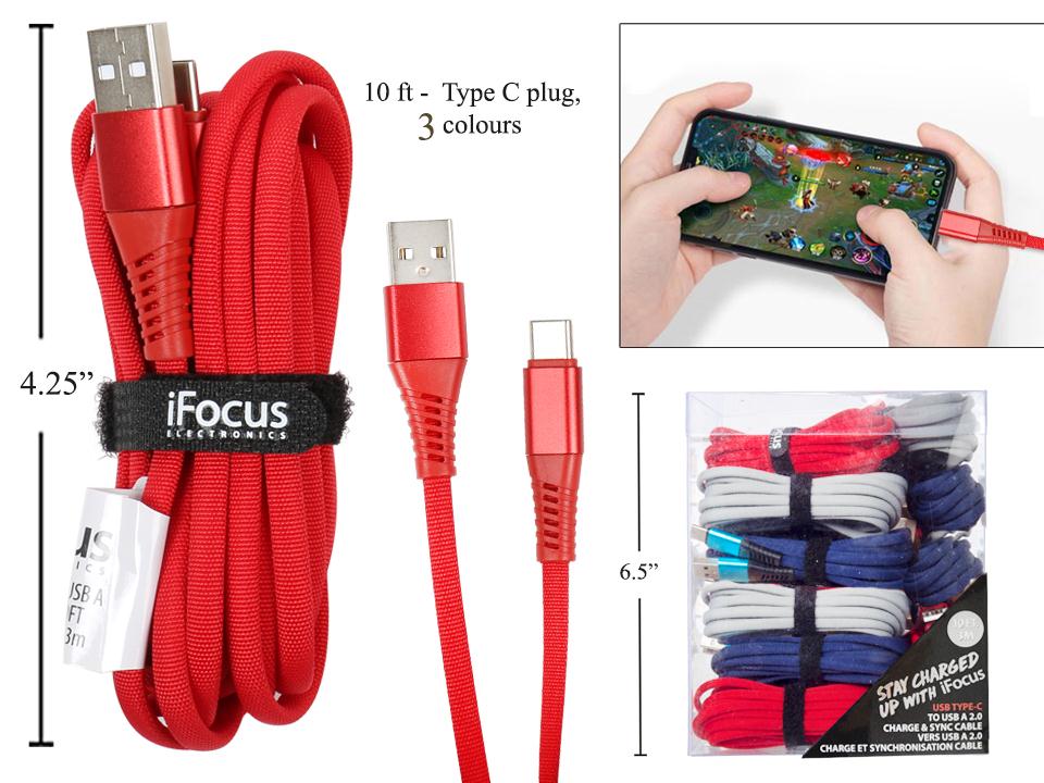 iFocus 10ft Type C Data cable 3C, Velcro strap, bundle