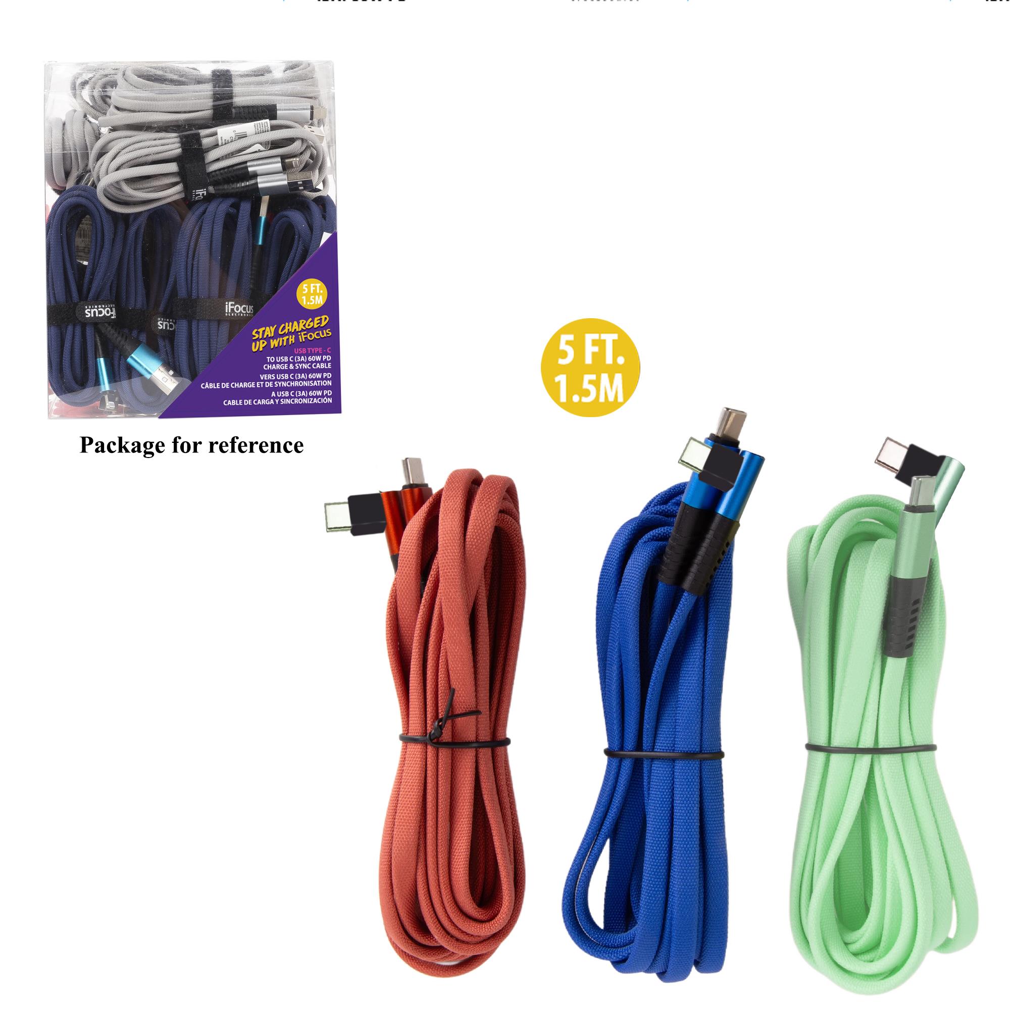 iFocus 5ft. USBC-C 60W 3A Cable 3C, Velcro strap, bundle