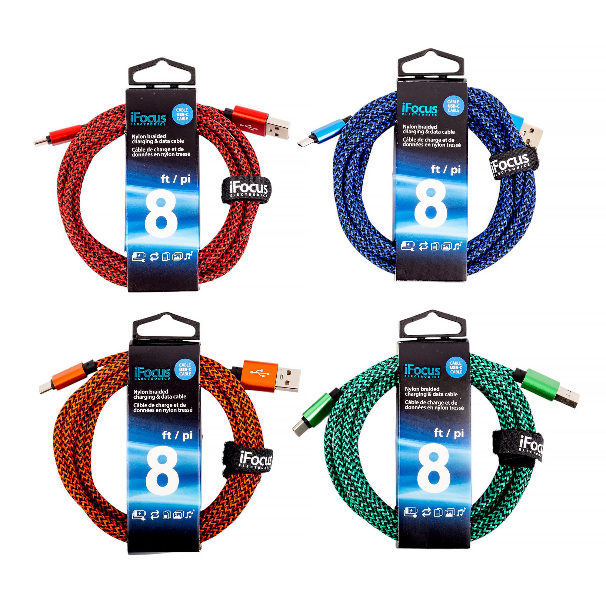 iFocus, 8 ft. USB-C data cable 2 tone Braided,4C,w/strap
