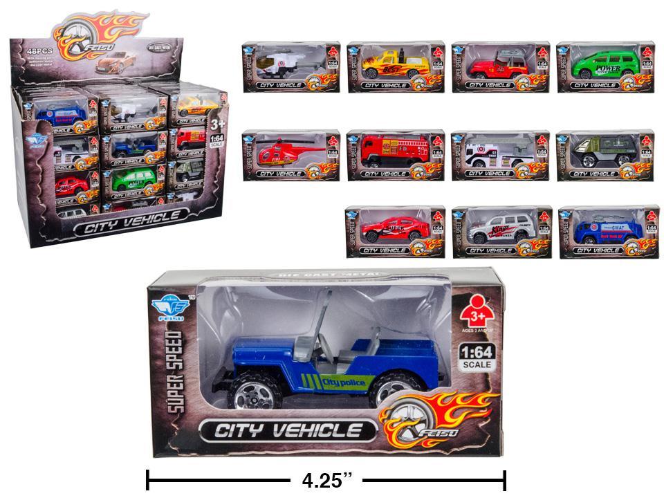 1:64 Die Cast City Vehicle, Free Wheel, 12/s, 48/dsp (M)
