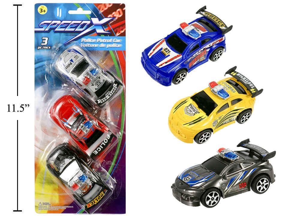 SpeedX 3-pc 3.5" Police Patrol Car Pull Back, 2 col., b/c