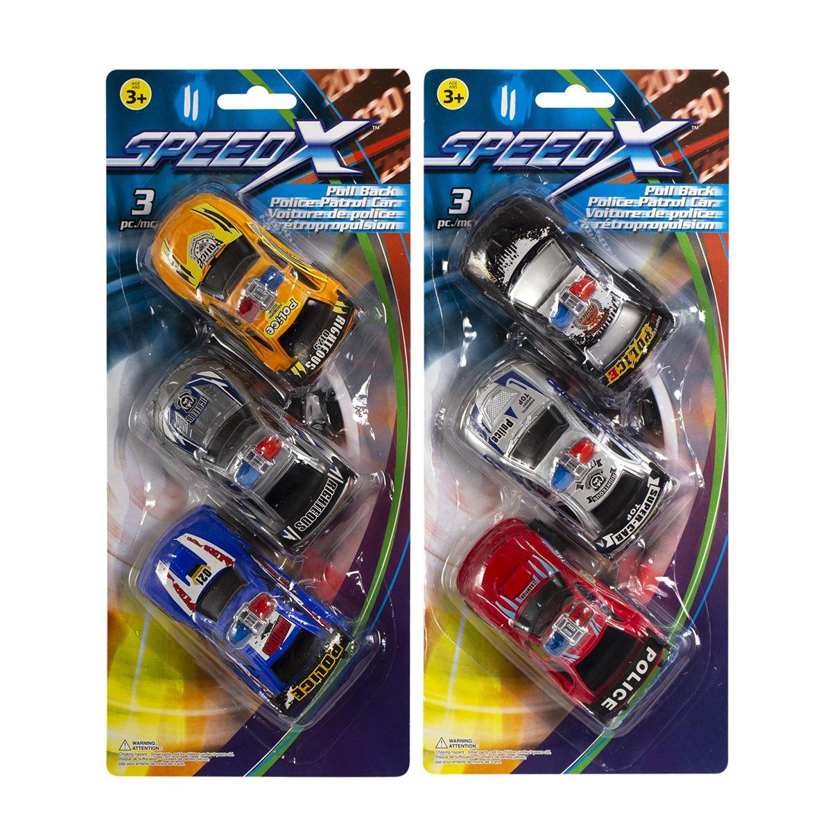 SpeedX 3-pc 3.5" Police Patrol Car Pull Back, 2 col., b/c