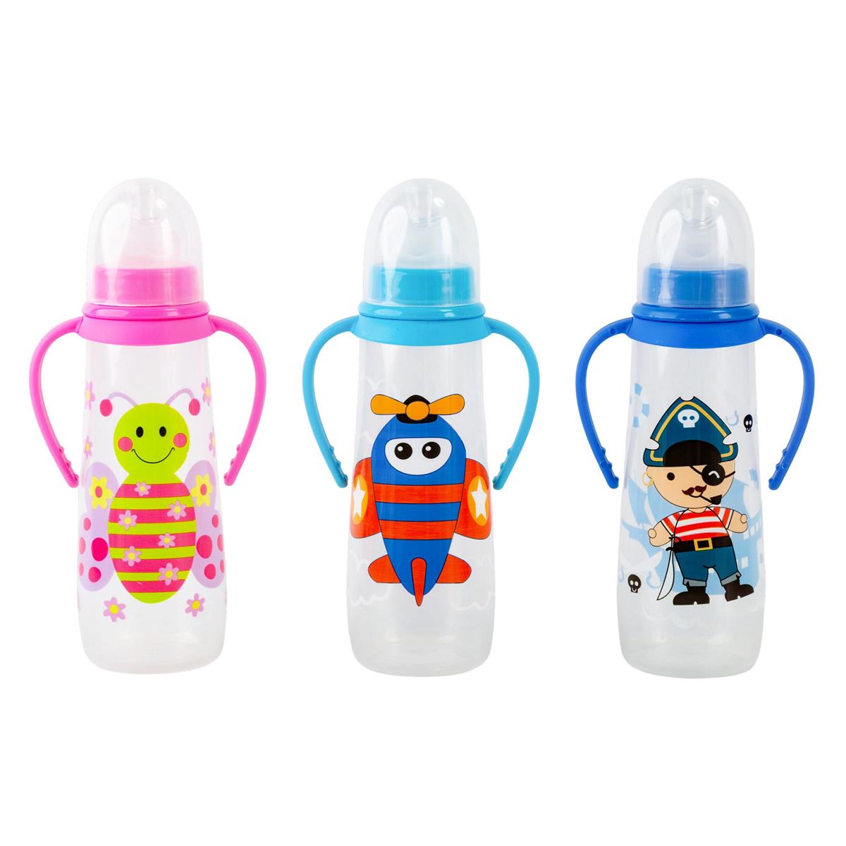Tootsie Baby, 8oz Feeding Bottle w print + silicone nipple, 6 asst