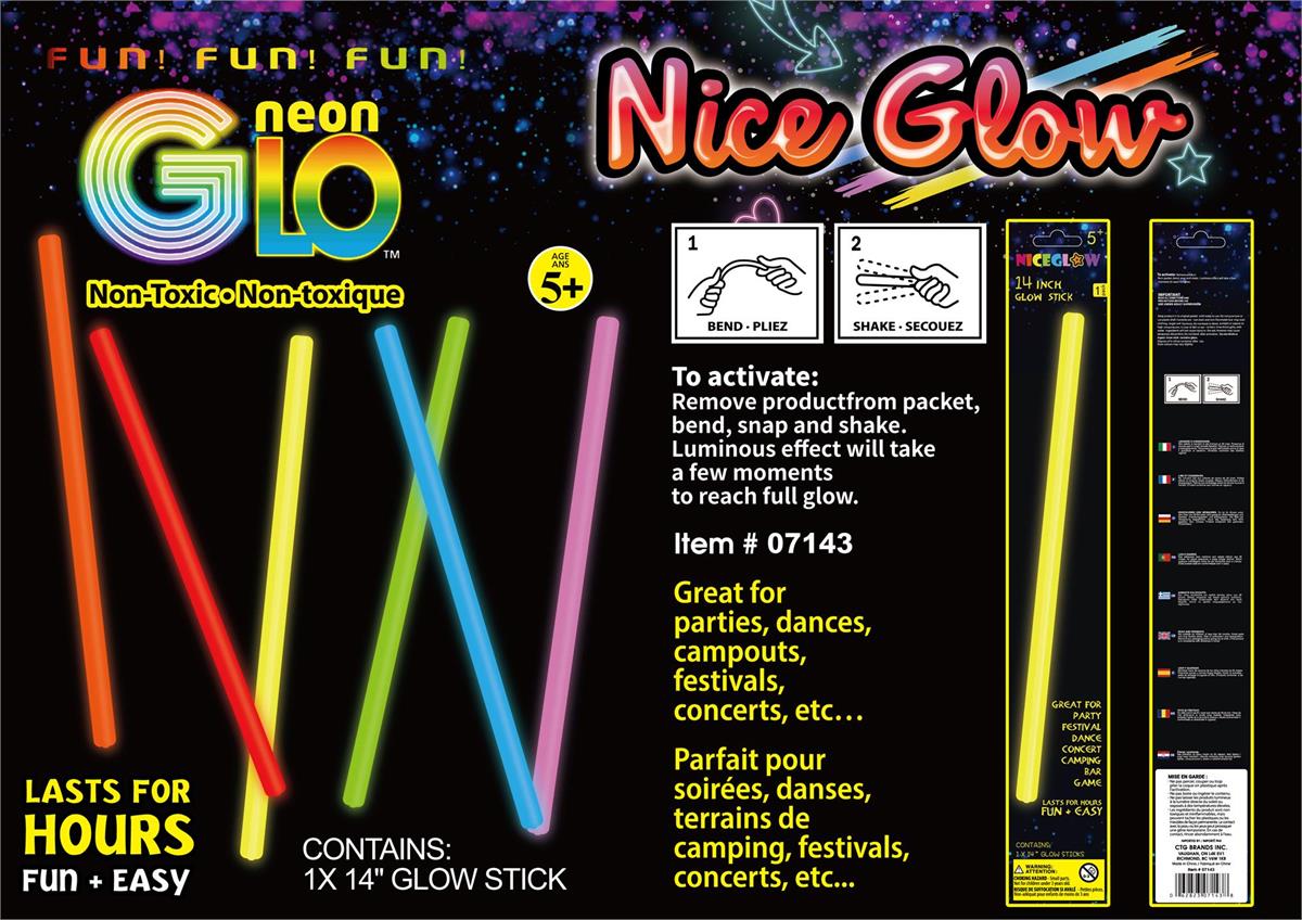 Neon Glow 14" Glow Stick, 6 Asst. Cols., foil bag
