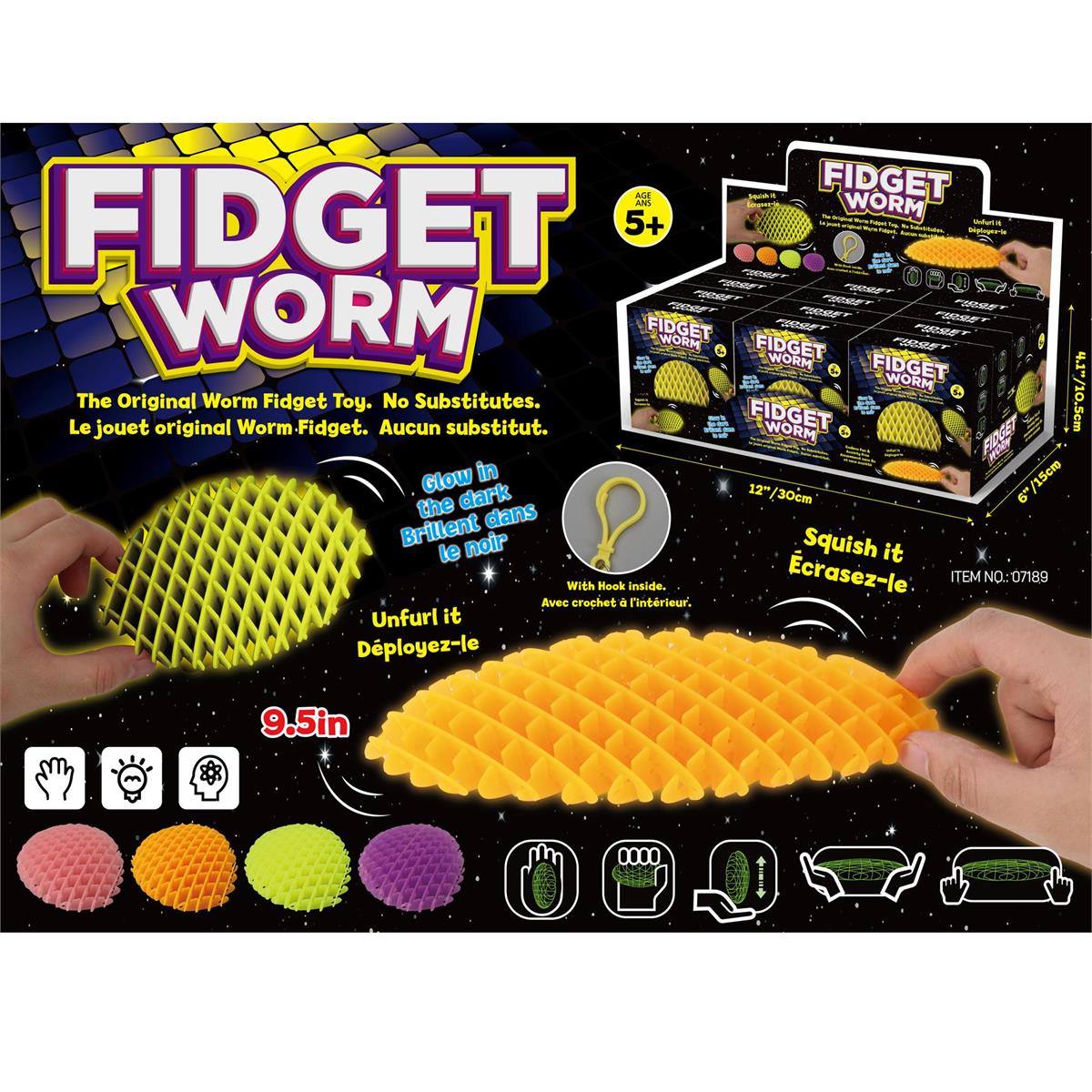 Glow Fidget Worm, 4 colour w/clip, 12pcs/dsp