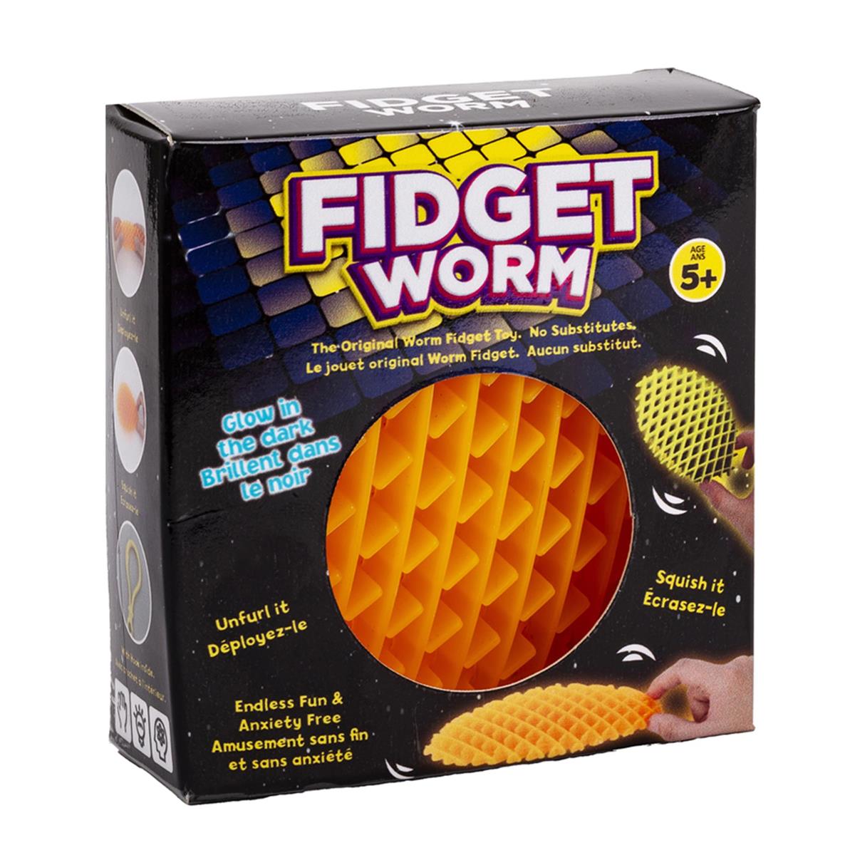 Glow Fidget Worm, 4 colour w/clip, 12pcs/dsp